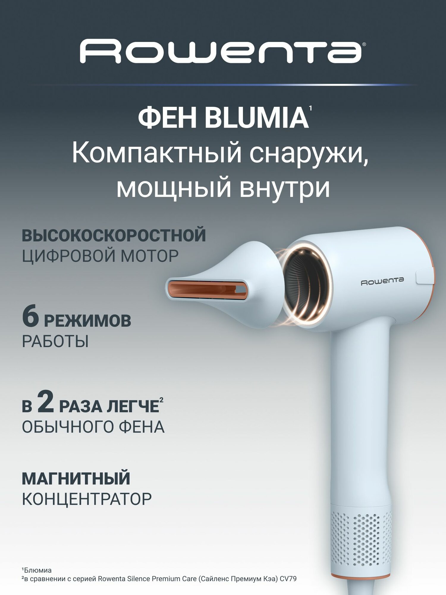 Фен для волос профессиональный мощный Rowenta Blumia HY5N10E0, 1300 Вт, компактный дорожный, магнитная насадка 6 мм, ионизация, BLDC-мотор, голубой