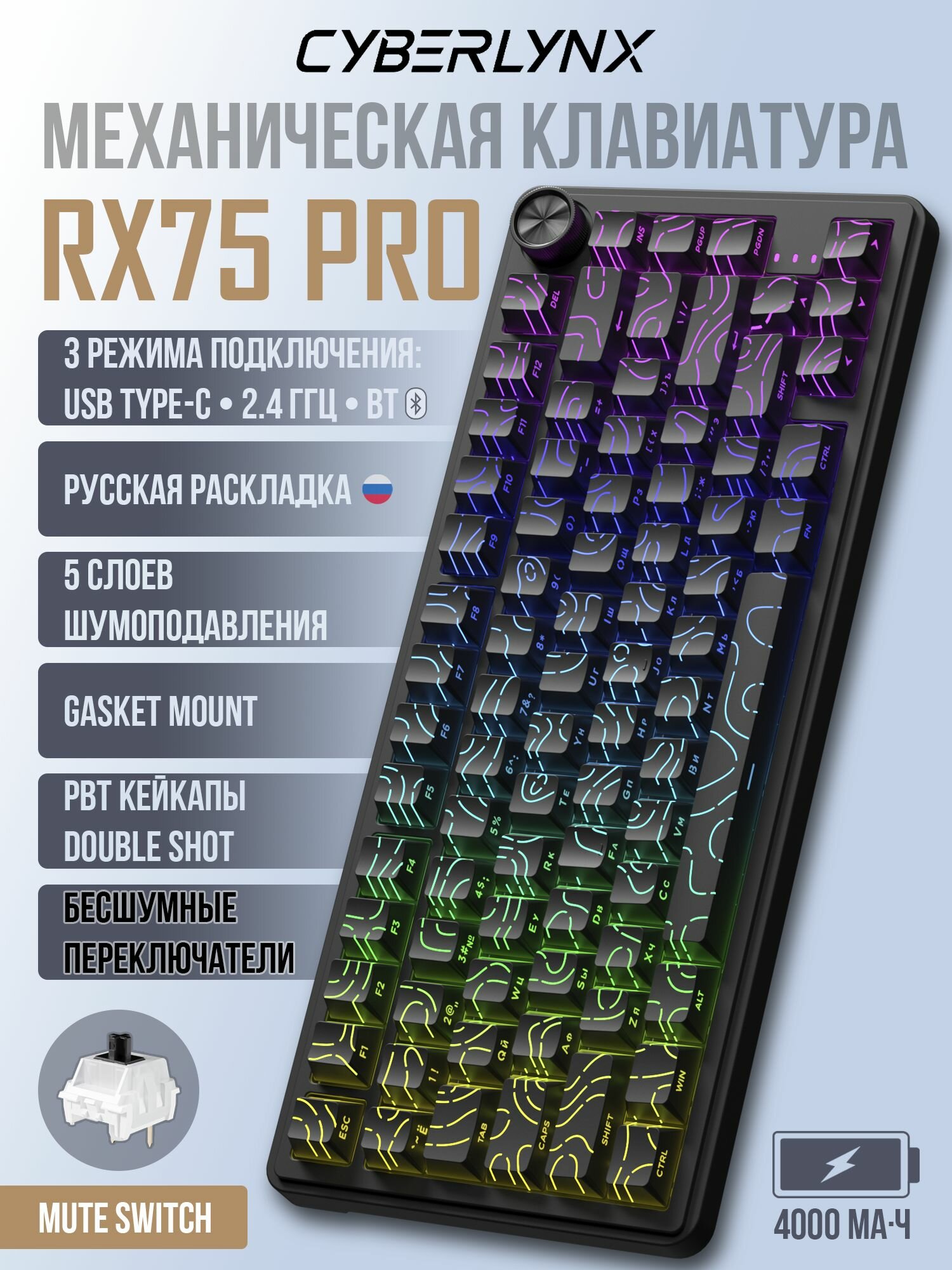 Механическая клавиатура CyberLynx RX75 Pro (Mute Switch), беспроводная, игровая, черный, световые линии