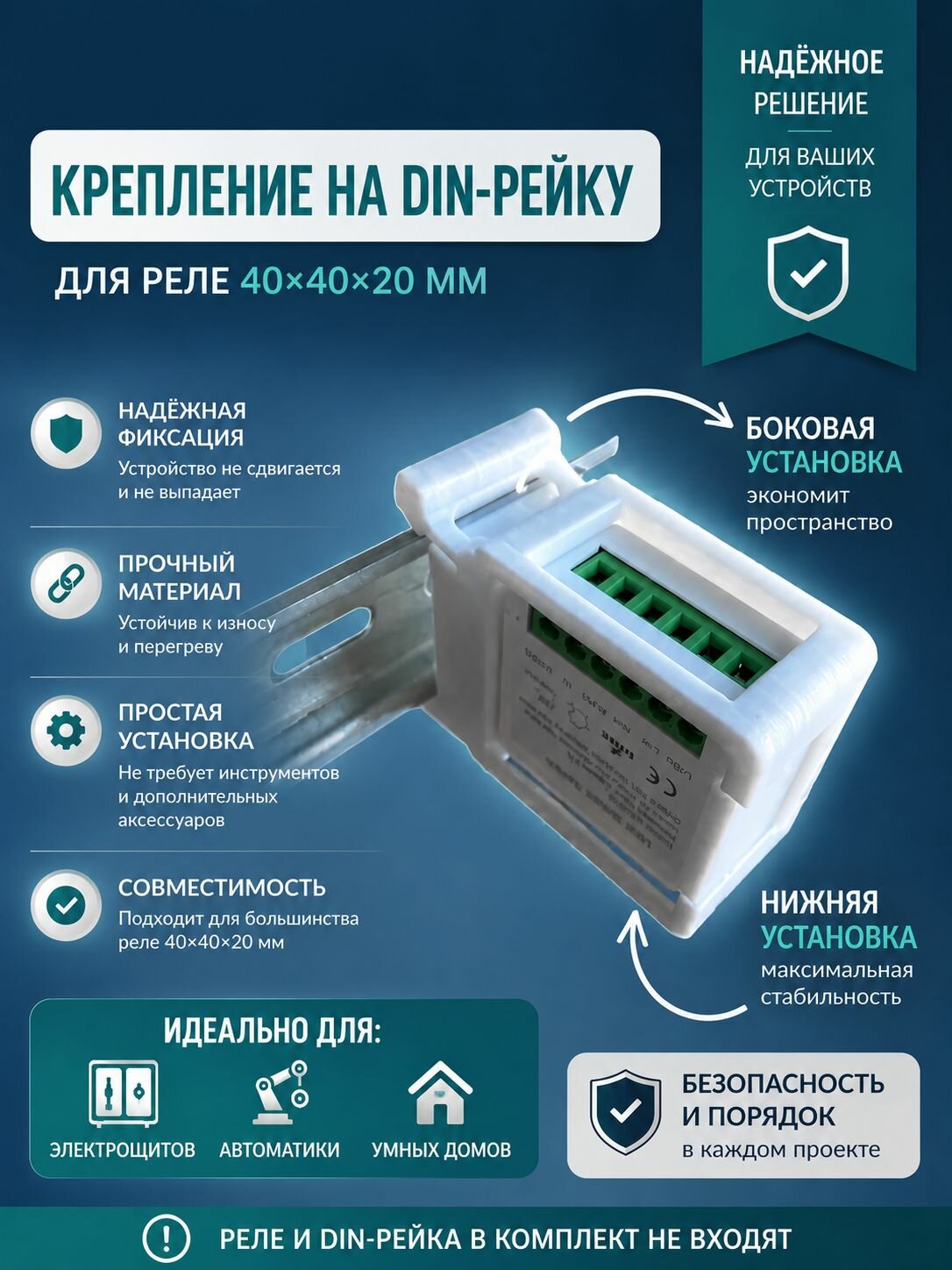 Крепление на DIN-рейку для одноканального реле 40х40х20 мм