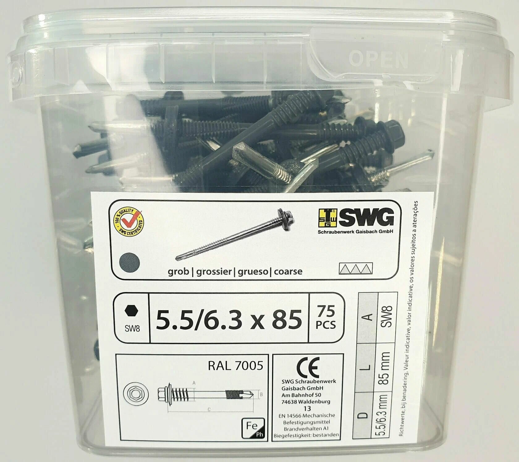 Шуруп по металлу для сэндвич-панелей SW8 RAL-7005 6,3/5,5*85 (75шт) SWG, Германия