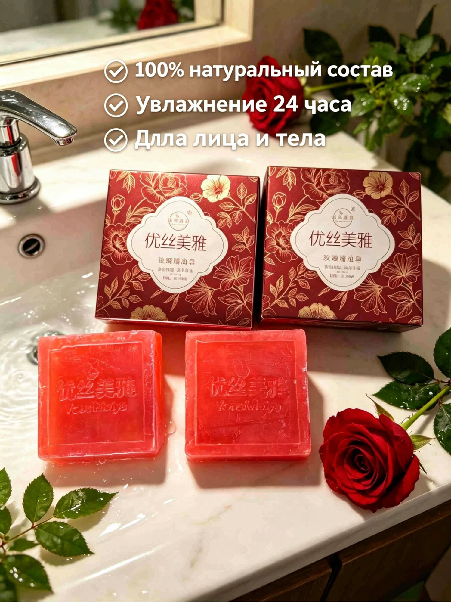 Розовое мыло с эфирным маслом Юсимея 2шт Натуральное увлажняющее для лица тела рук сухая чувствительная кожа