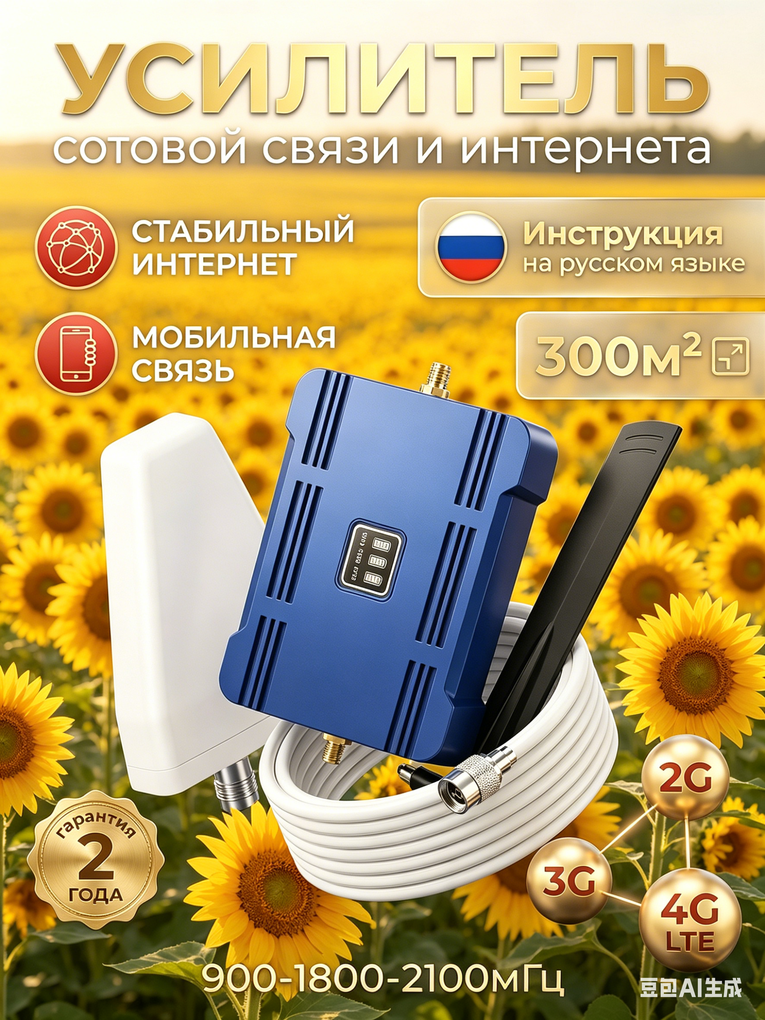 Усилитель сотовой связи 900/1800/2100 МГц (2G/3G/4G): до 70 км, направленный, синий, 1.3 кг