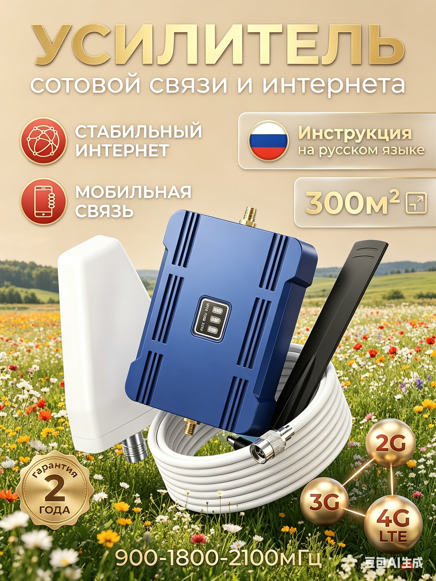 Усилитель сотовой связи 900/1800/2100 МГц (2G/3G/4G): до 70 км, направленный, синий, 1.3 кг