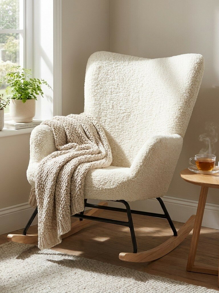 Кресло-качалка лаунж TetChair Агнет, искусственный мех, металл, бук, бежевый/черный/натуральный