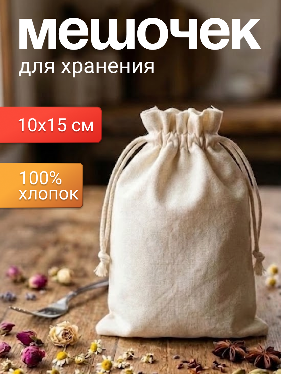 Мешочек тканевый складулька для хранения вещей, 13х16 см, хлопок, белый