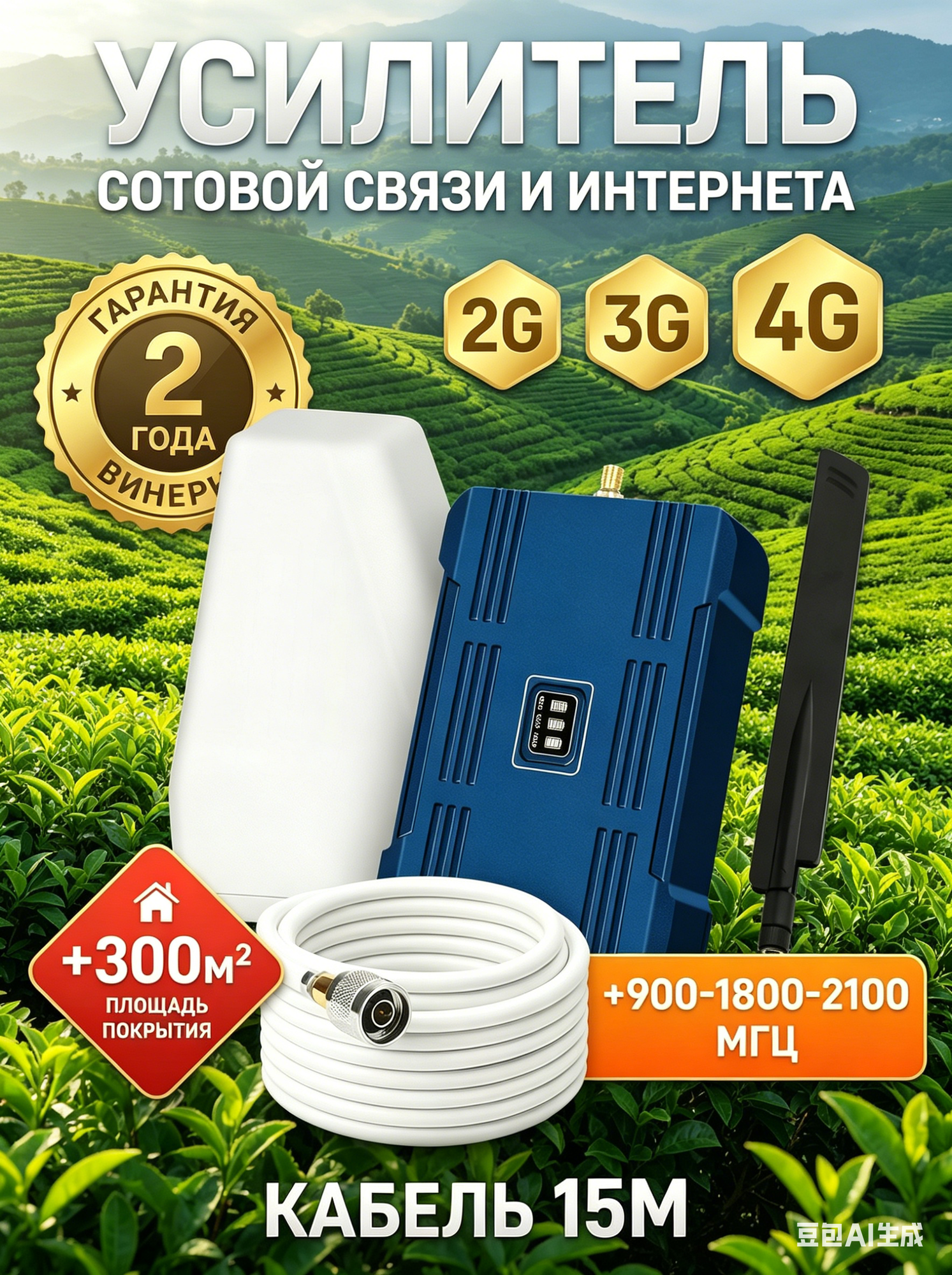 Усилитель сотовой связи 900/1800/2100 МГц (2G/3G/4G): до 70 км, направленный, синий, 1.3 кг
