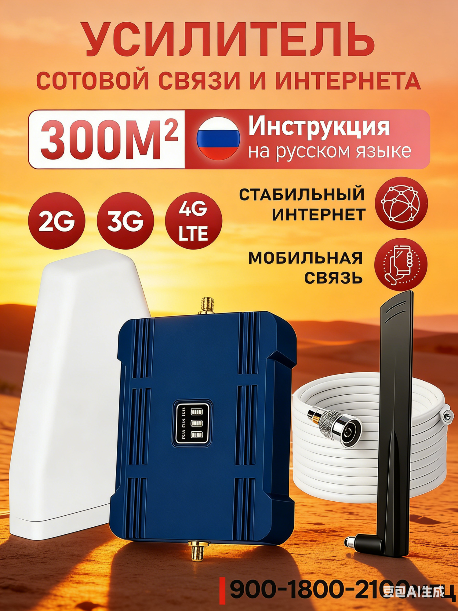 Усилитель сотовой связи 900/1800/2100 МГц (2G/3G/4G): до 70 км, направленный, синий, 1.3 кг