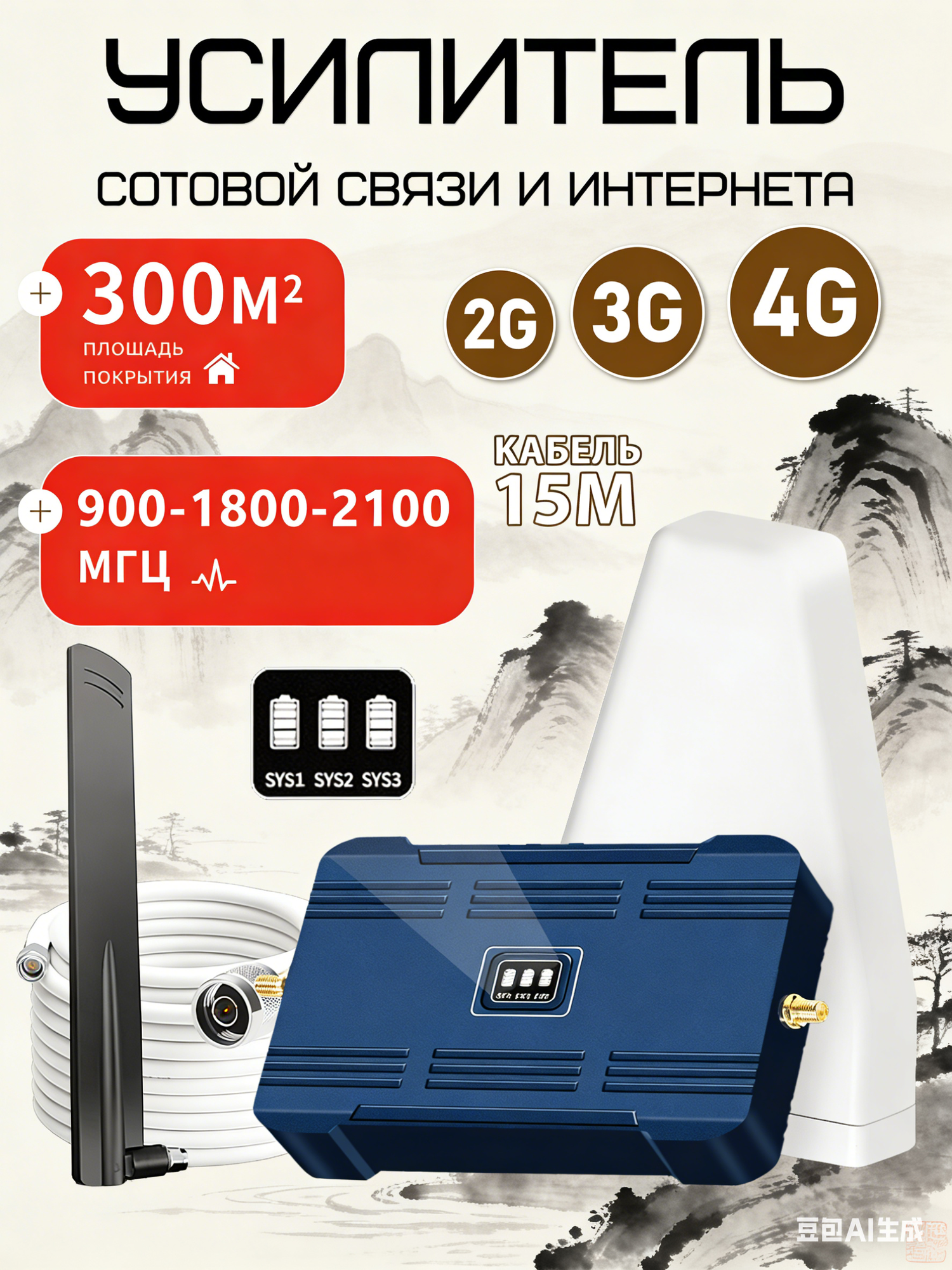 Усилитель сотовой связи 900/1800/2100 МГц (2G/3G/4G): до 70 км, направленный, синий, 1.3 кг