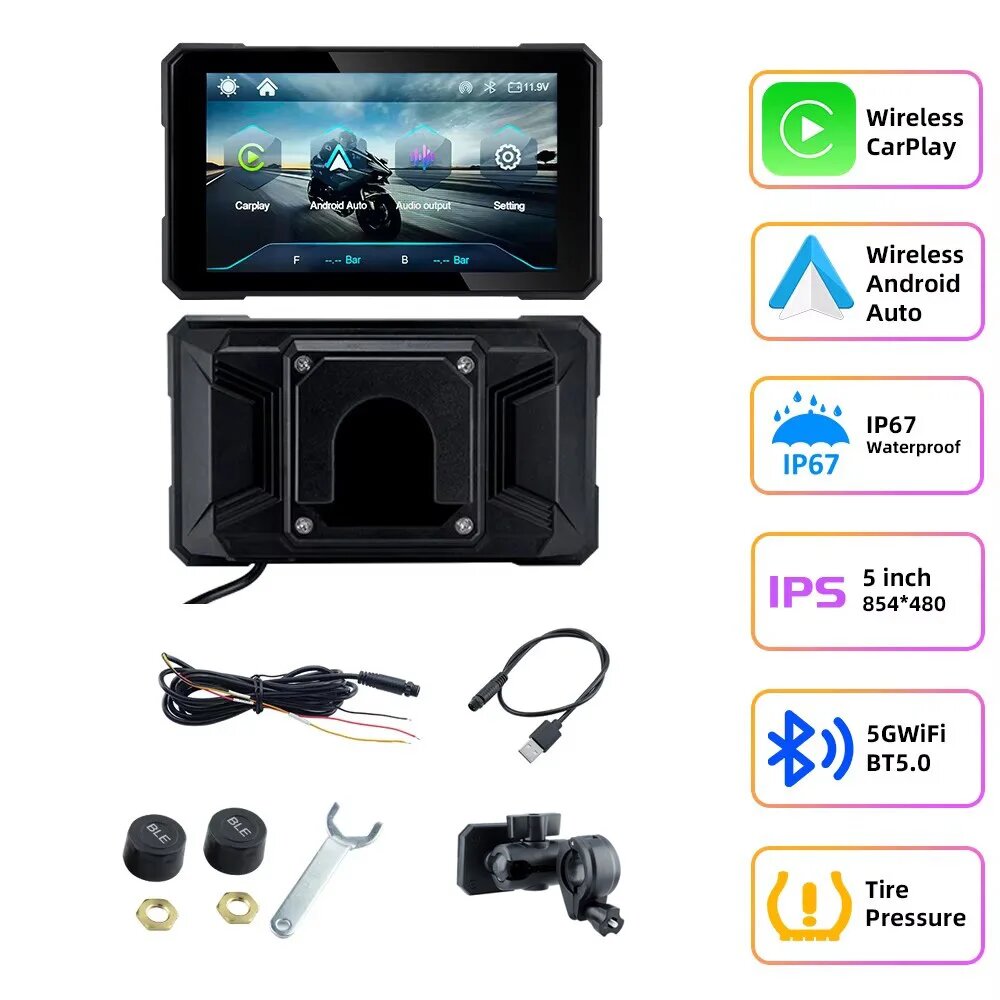 EKIY 5-дюймовый мотоциклетный беспроводной CarPlay Android автоматический экран монитор USB съемный мотоцикл GPS навигация напряжение TPMS дисплей