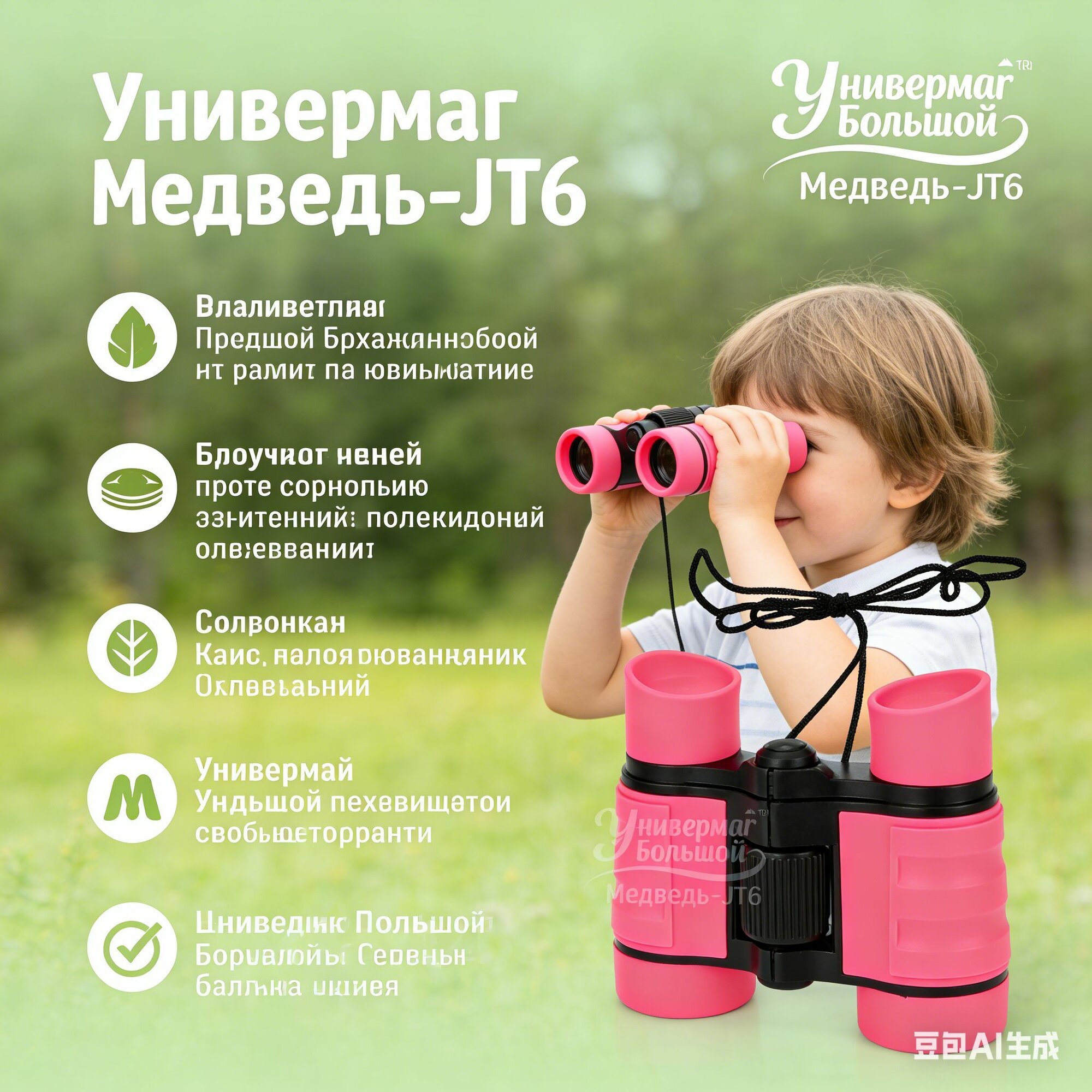 Наблюдательный бинокль, цельный розовый корпус, антискольжение