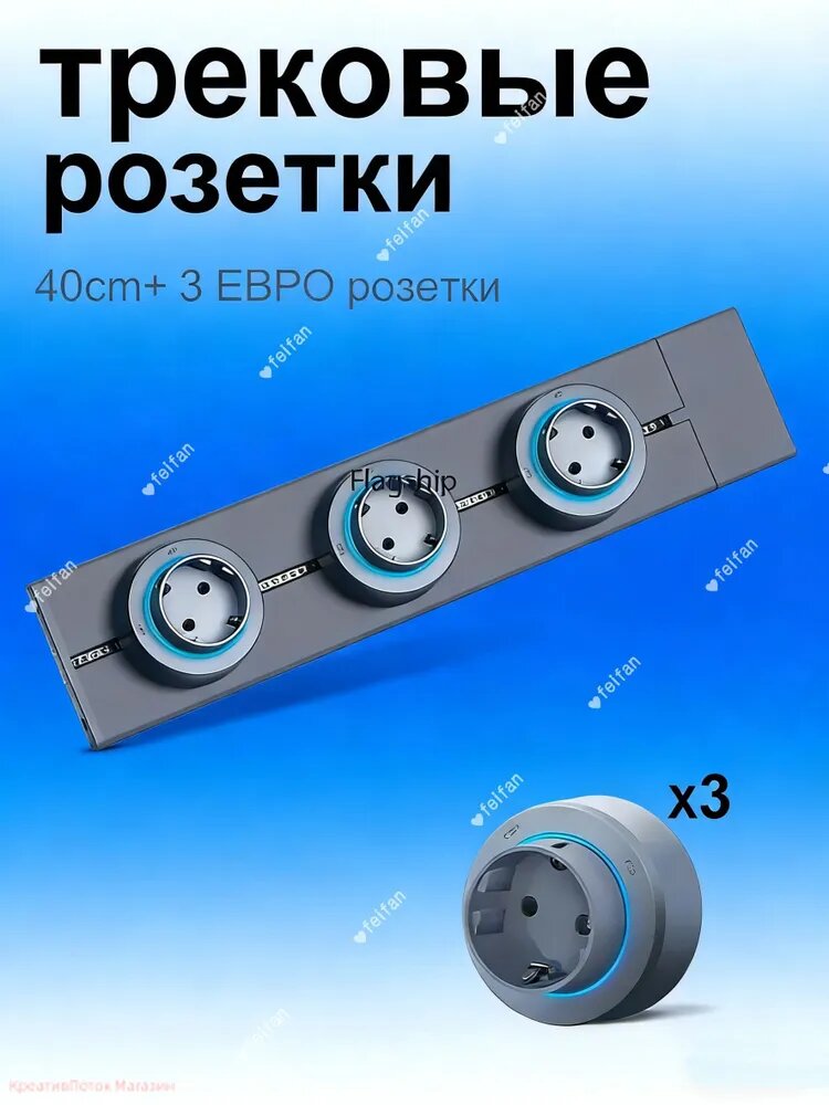 Трековая система розеток, накладная металлическая шина 40 см +3 евро розетки серый.