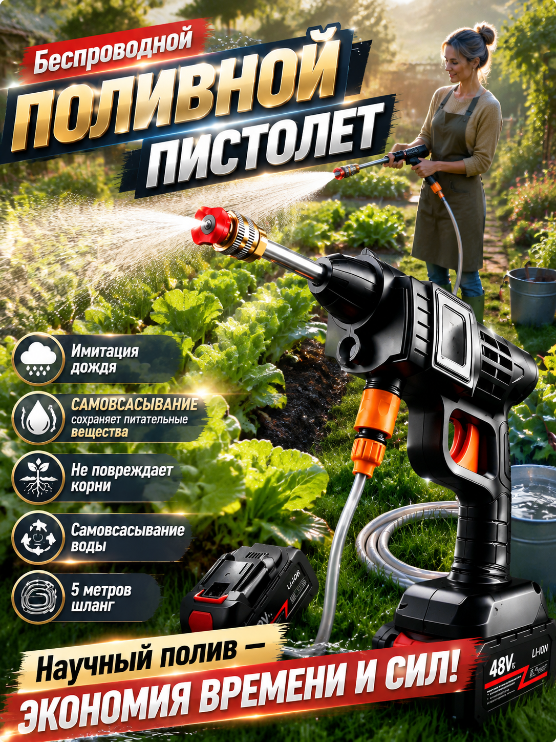 Насос аккумуляторный для полива из бочки, 48V