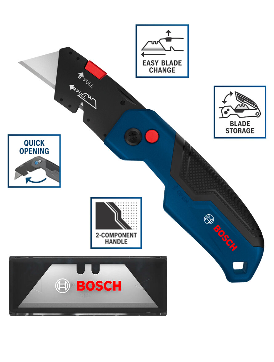 Нож складной Bosch 1600A03AC3+1600A03AX7, с комплектом трапециевидных лезвий 10шт