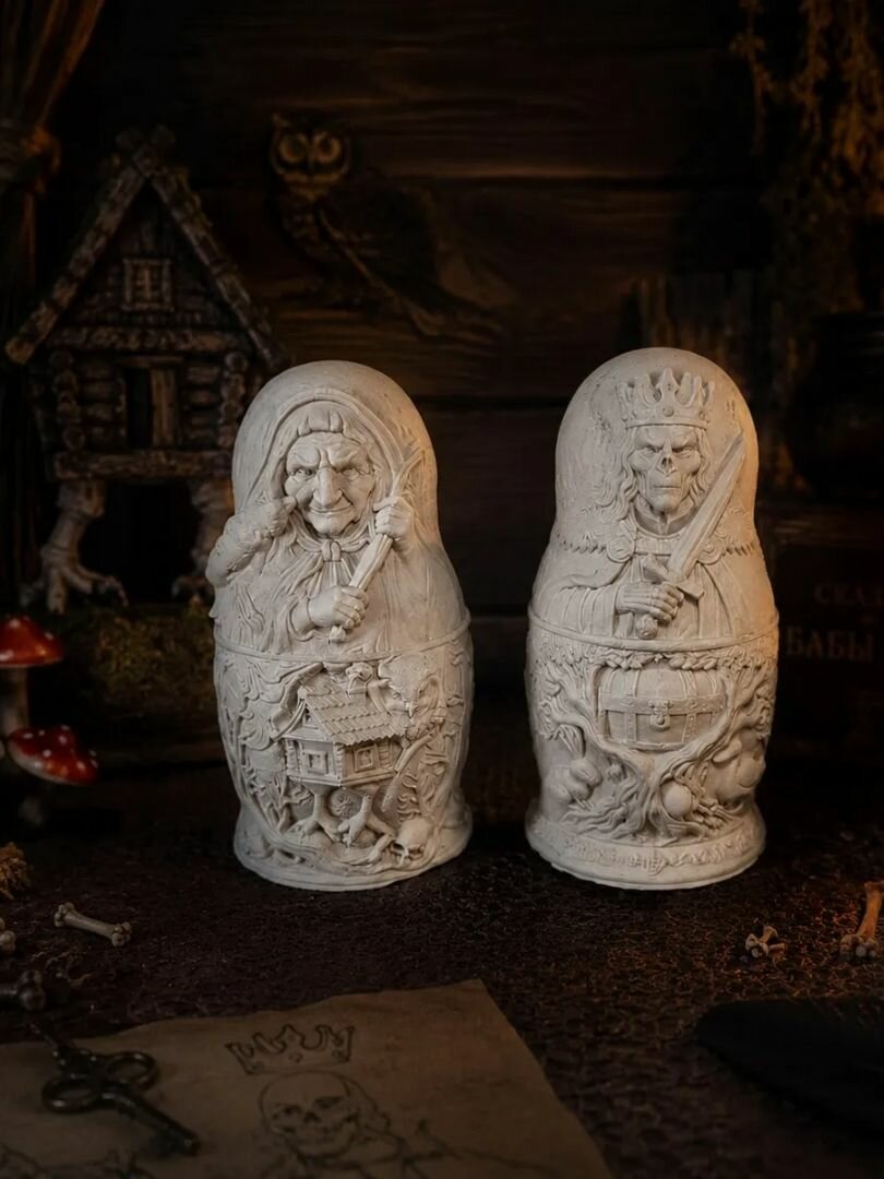 Баба Яга и Кощей Бессмертный, заготовка под роспись из гипса, серия "Сказочные матрёшки", 7 см