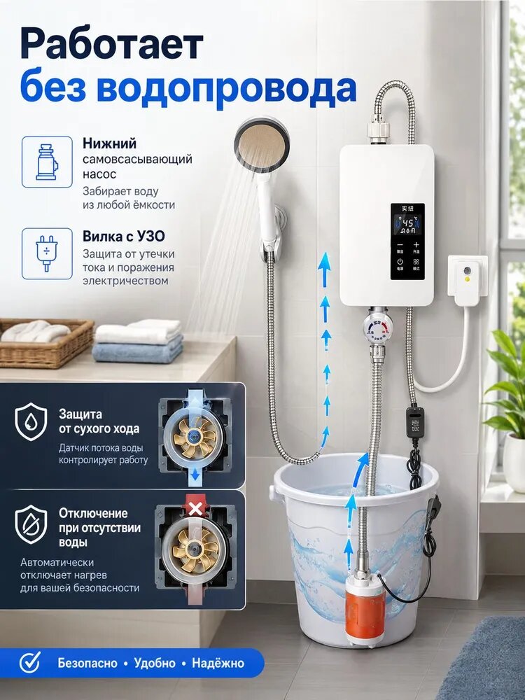 Самовсасывающий электродуш 5500 ВТ с сенсорным управлением, белый, без водопровода, защита от утечки тока — фото 1