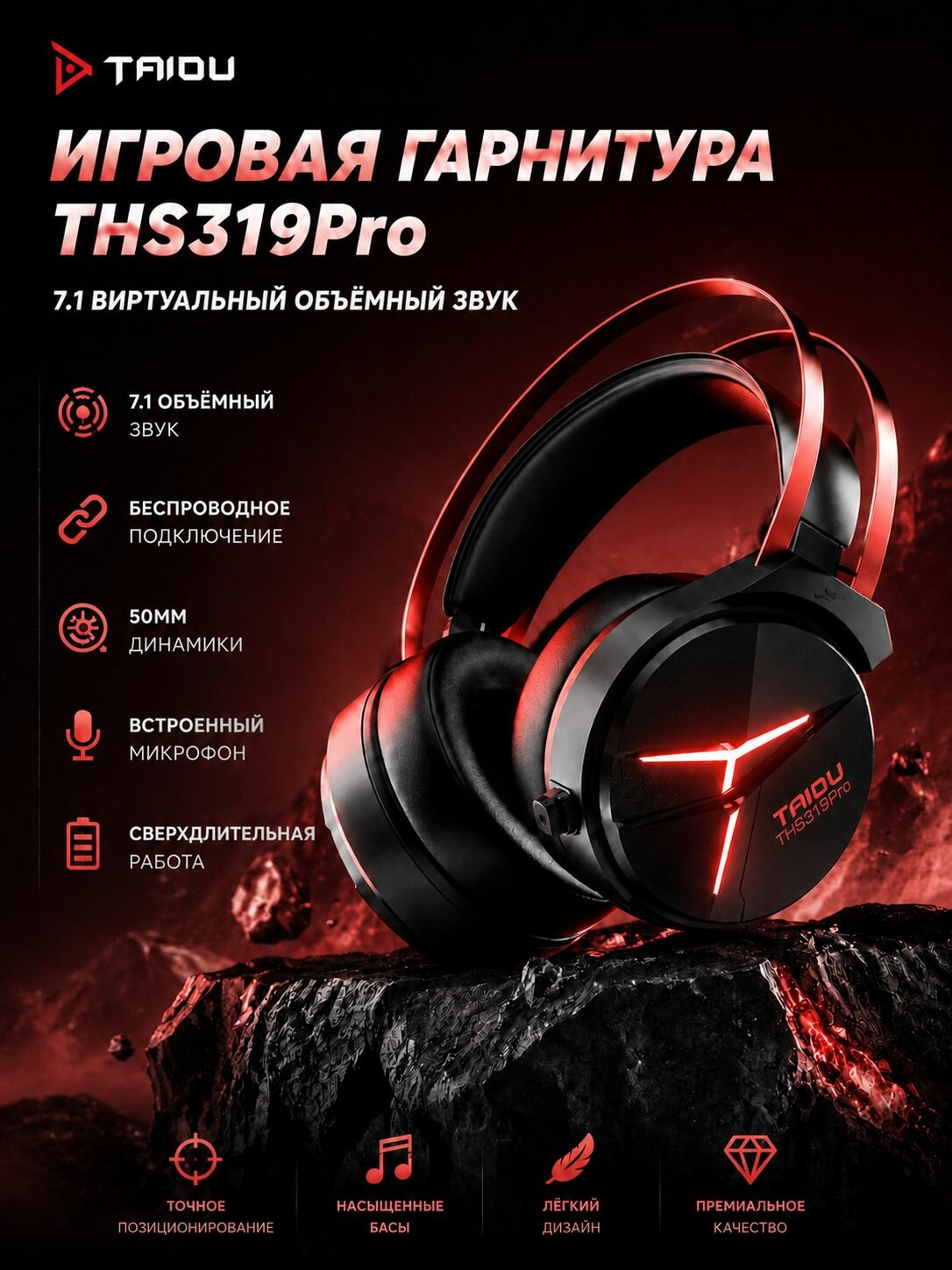 Игровая гарнитура TAIDU THS319, официальная гарнитура турнира WCG Bluetooth 5.3 / Беспроводная USB 2.4G / USB / Беспроводная Type-C / Проводная 3,5 мм