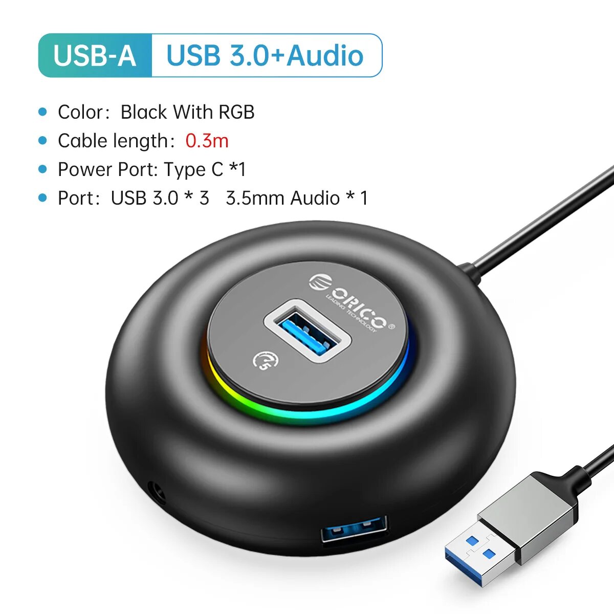 ORICO USB-хаб RGB, черный, 3 порта USB 3.0, 0.3м