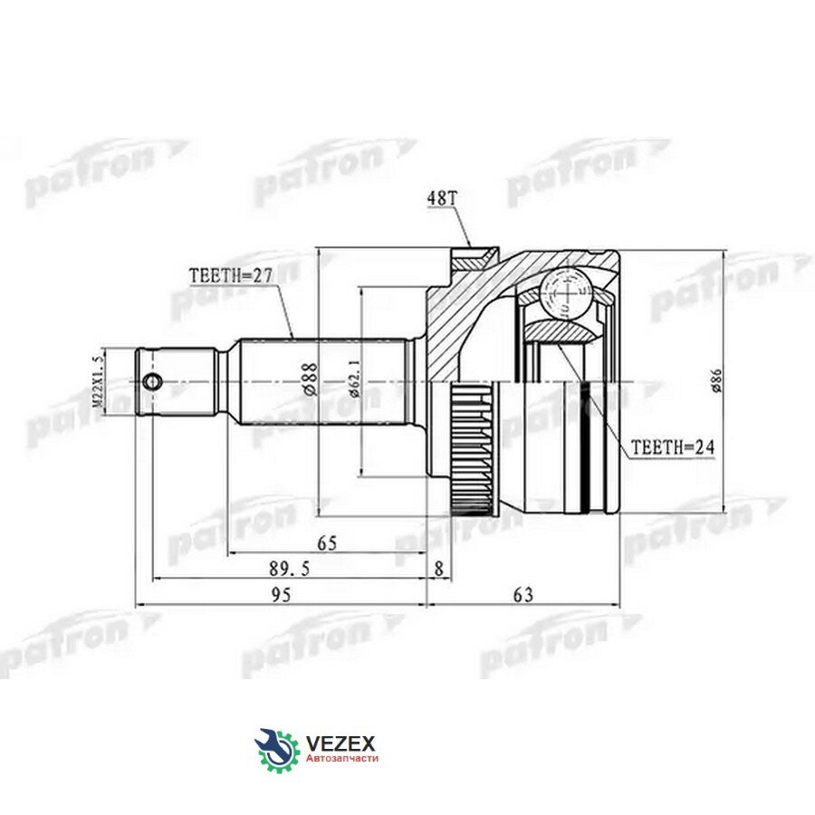 PATRON PCV3036 ШРУС наружный с кольцом ABS 27x62.1x24 ABS48T KIA SPORTAGE 04-10