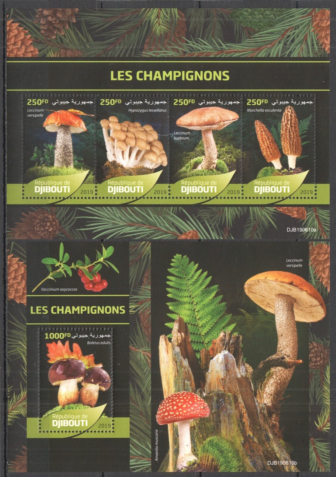 Марки 2019 год Джибути Грибы Ягоды Природа #3247-3250+Bl1372 Mnh