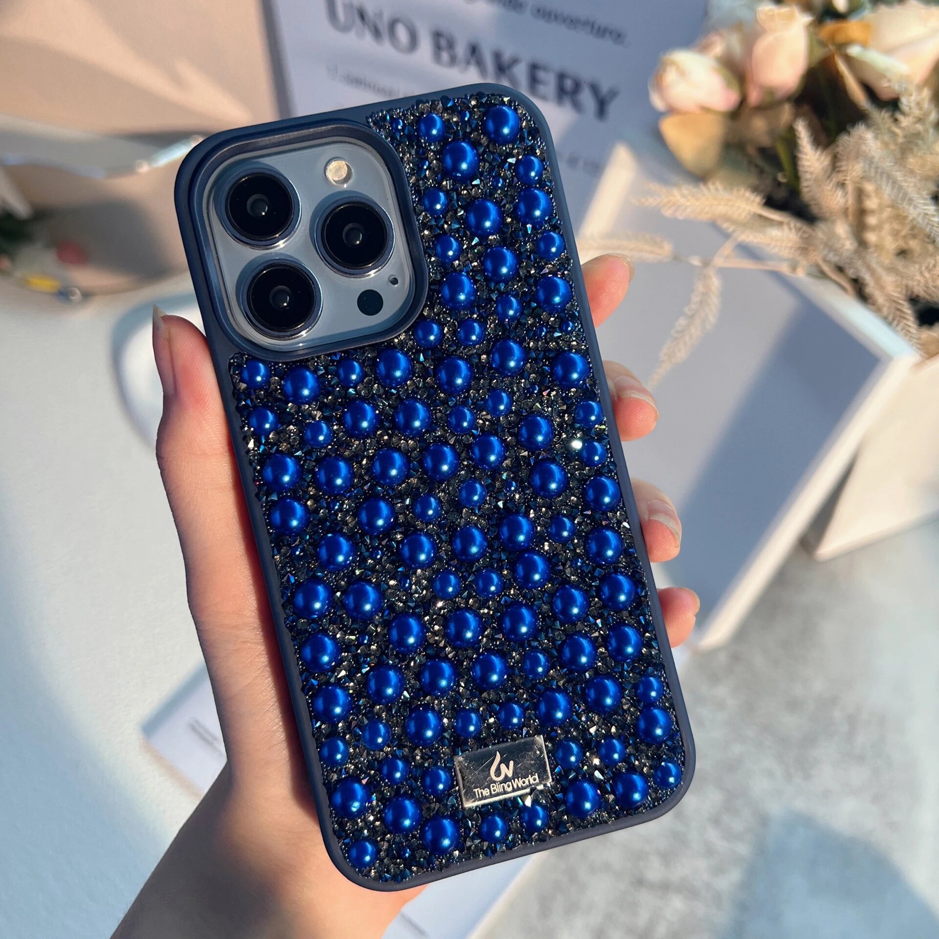 Роскошный чехол для телефона с жемчугом и стразами для iPhone17 Про Макс, Синий, Sapphire blue