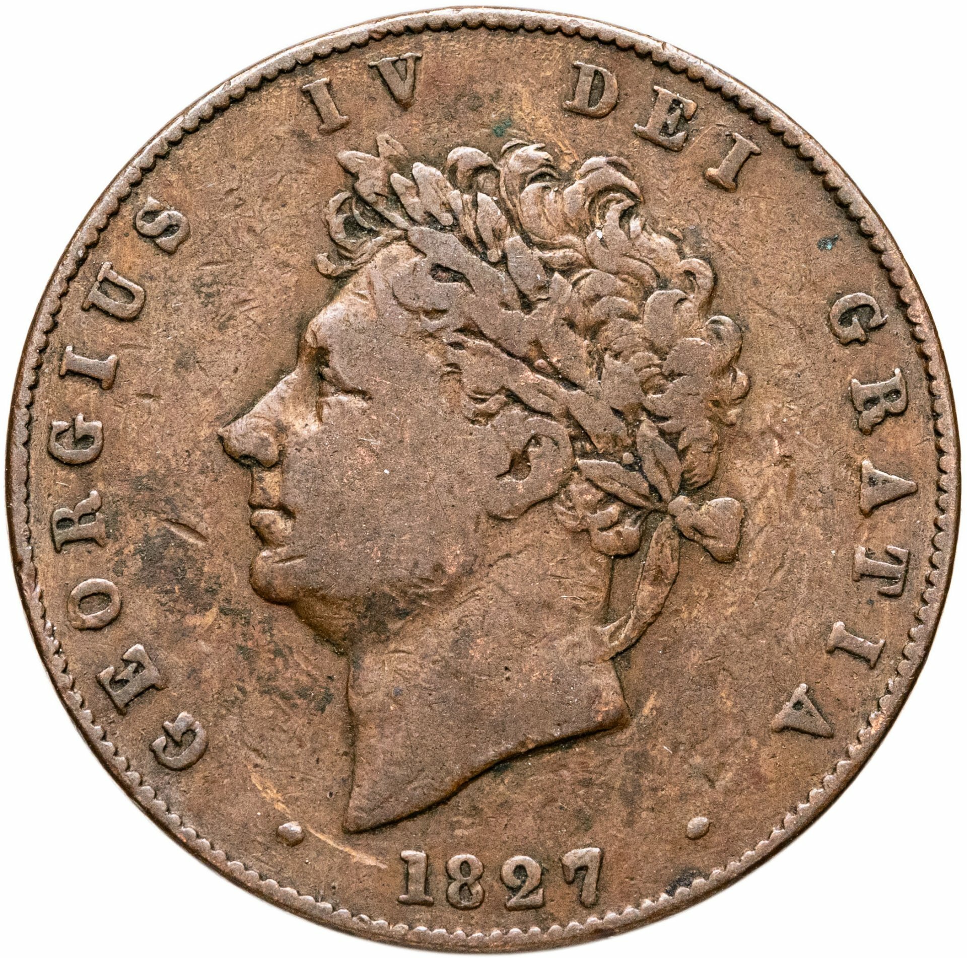 Великобритания 1/2 пенни penny 1827, Медь, в сохранности VF-XF