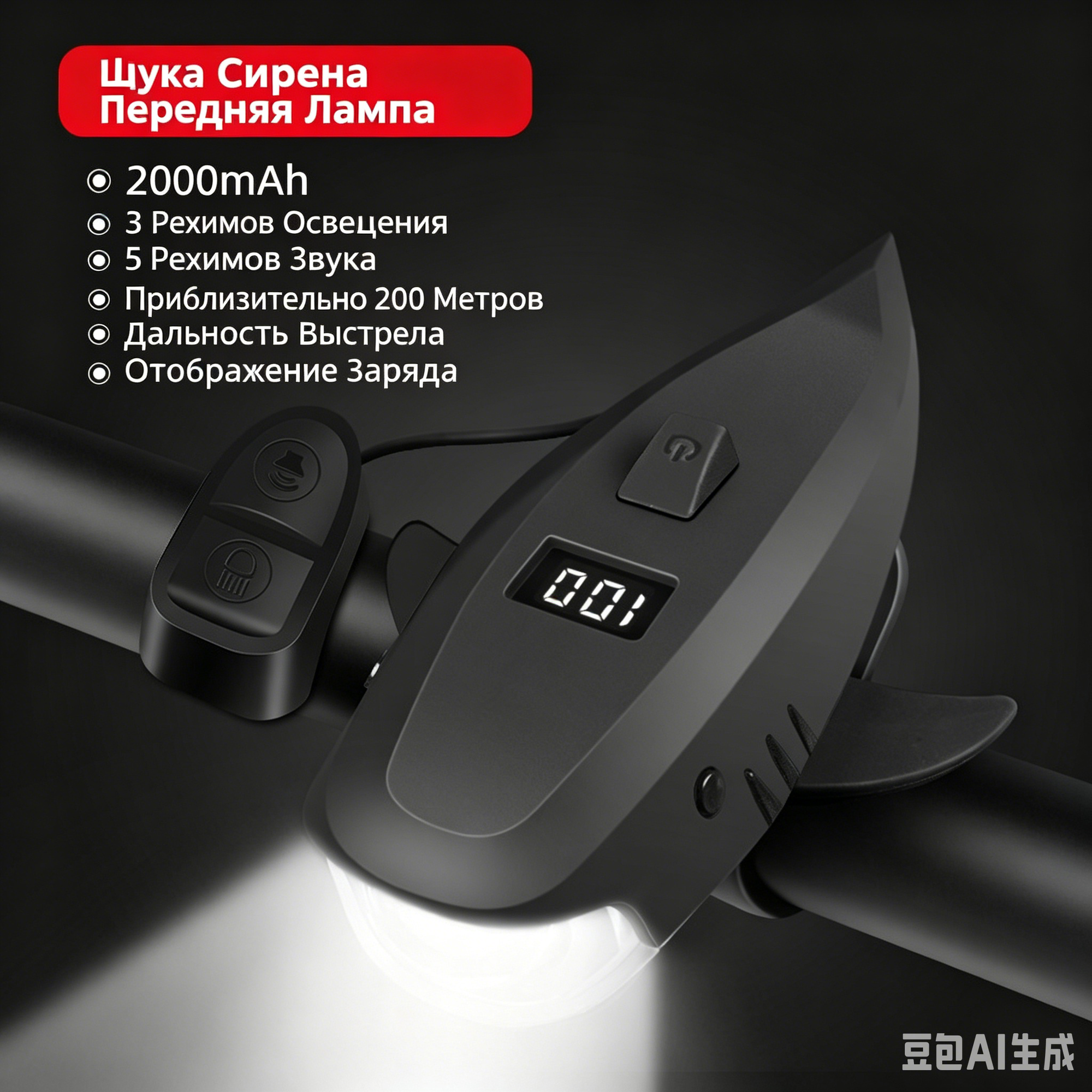 Фонарь для ночной езды на велосипеде с сигнальным рожком черного цвета