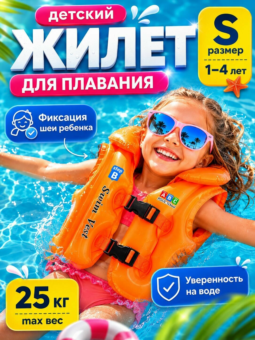 Жилет надувной детский для плавания Ж01 спасательный, размер S (C), 1-4 лет, оранжевый