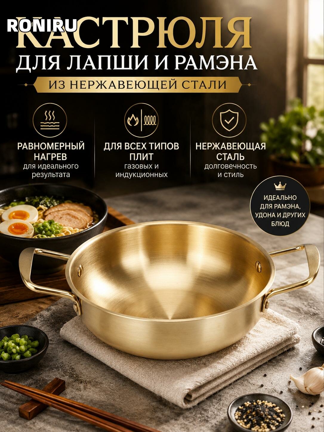 Кастрюля для лапши из нерж. стали с равномерным нагревом, универсальная для газовых и индукционных плит, для рамена