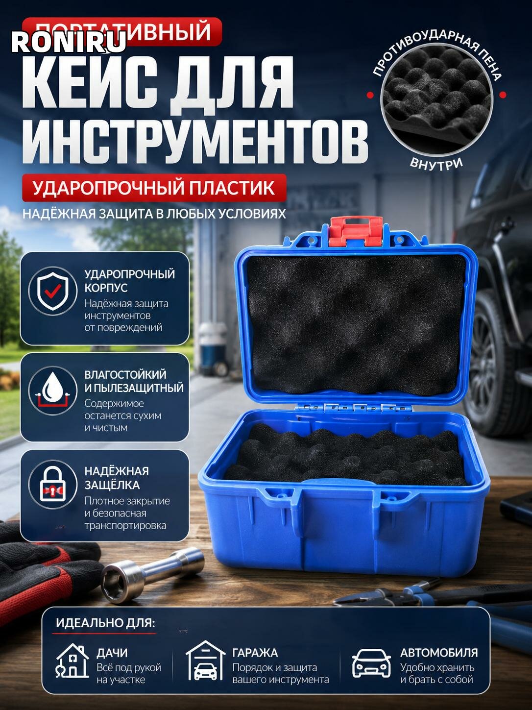 Портативный пластиковый ящик для инструментов с противоударной пеной — ударопрочный кейс для дачи, гаража и машины