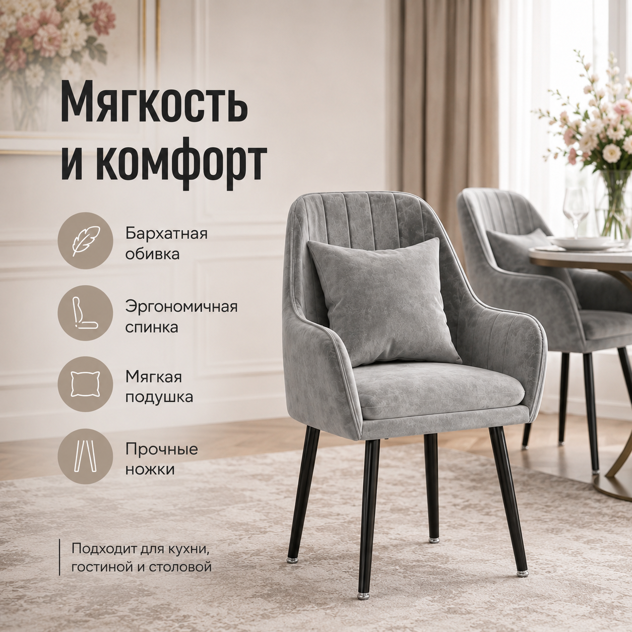 Набор из 2 стульев серого бархата, вертикальная стяжка, черные металлические ножки, в комплекте подушки — фото 1
