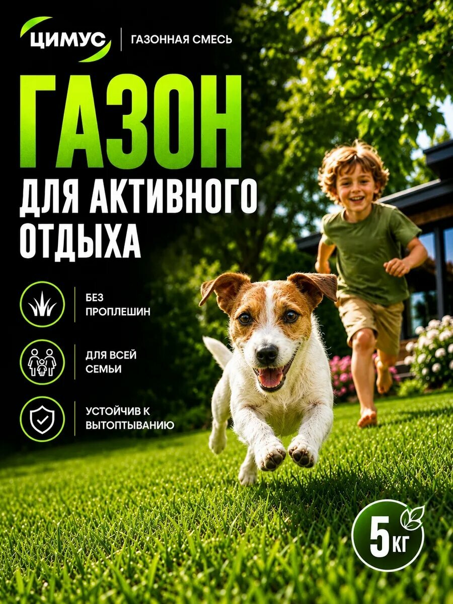 Газонная трава семена Цимус, износостойкая, многолетняя, 5 кг