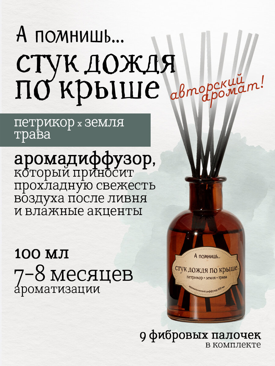 Ароматический диффузор для дома "А помнишь." Стук дождя по крыше 100 мл с палочками