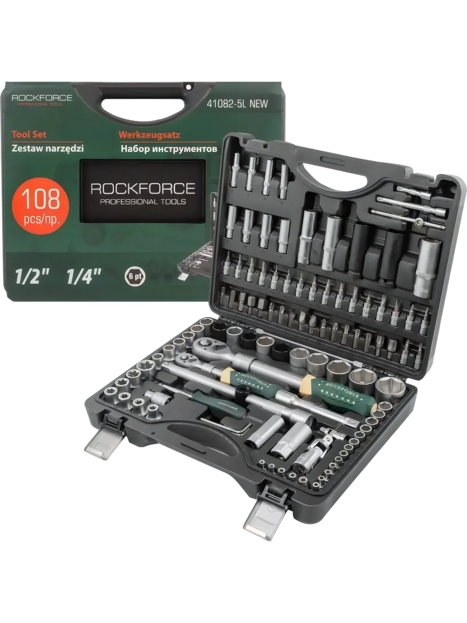 Набор инструмента с телеск. трещотками 108 предм. ROCKFORCE RF-41082-5L NEW — 6гран. 1/4, 1/2"DR