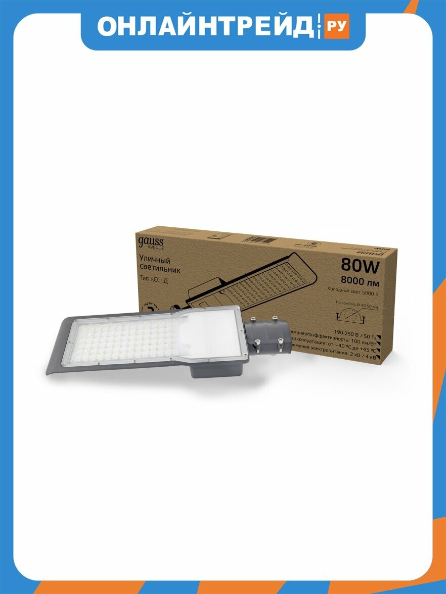 Консольный светильник Gauss Avenue 80W 8000lm 5000K 190-250V IP65 420*160*57мм черный КСС "Д" LED 1/10
