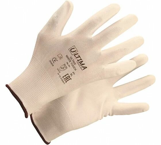 Нейлоновые перчатки с полиуретановым покрытием ULTIMA WHITE TOUCH белые, 3 пары