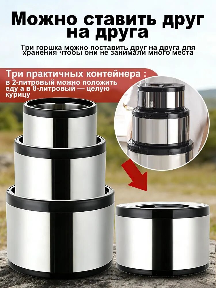 Термокастрюля 2 л, 4 л, 8 л, Нержавеющая сталь, Черный матовый, Набор из 3 шт — фото 1