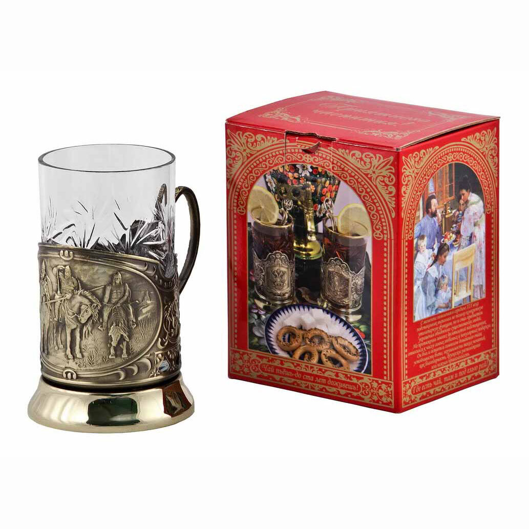 Подстаканник "Богатыри" карт. коробка, хруст. стакан, латунь, штамп ПД-353К-л