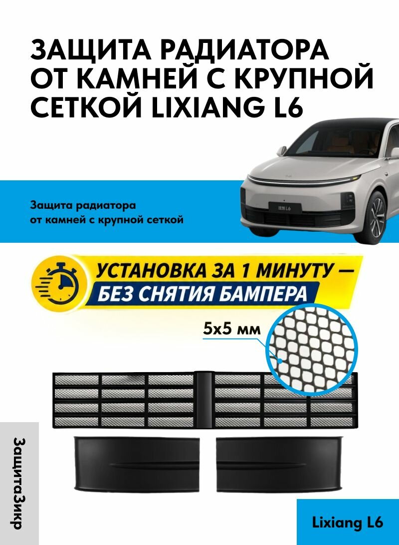Сетка в бампер Lixiang L6 защитная решетка переднего бампера 5х5 мм для Лисян Л6, черный глянец, защита радиатора от камней и насекомых