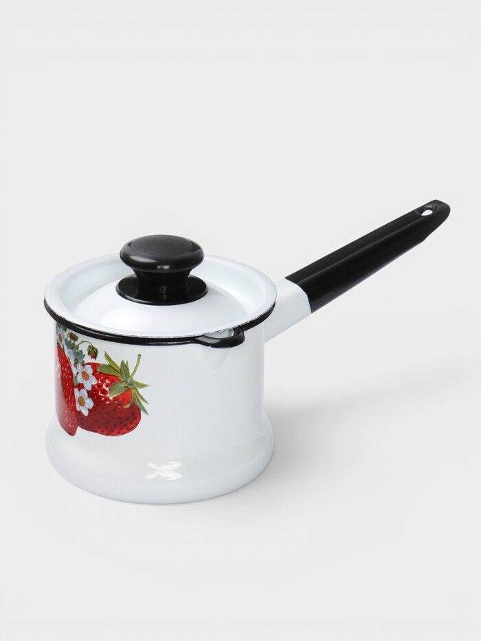 Ковш эмалированный «Садовая клубника», 1 л, с крышкой, с деколью, белый