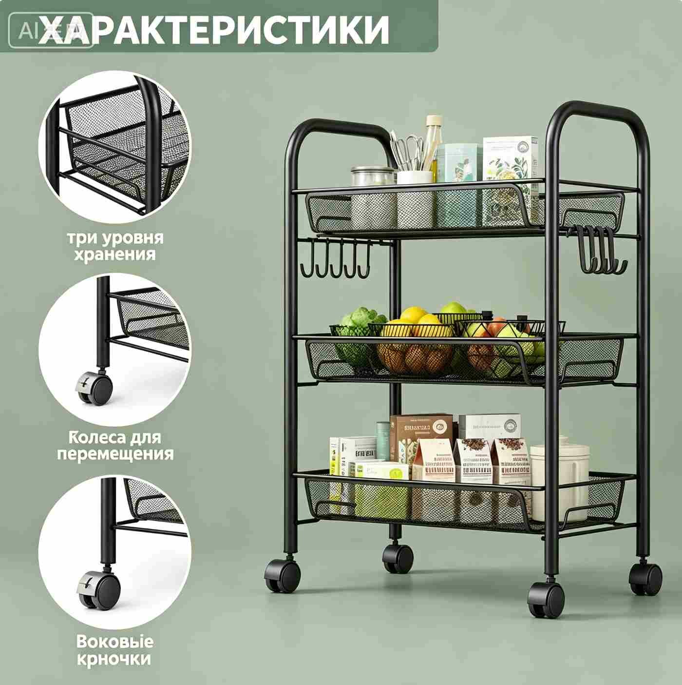 Металлическая тележка на трехслойных колесиках, стеллаж для хранения кухонной посуды из фруктов и овощей, черный
