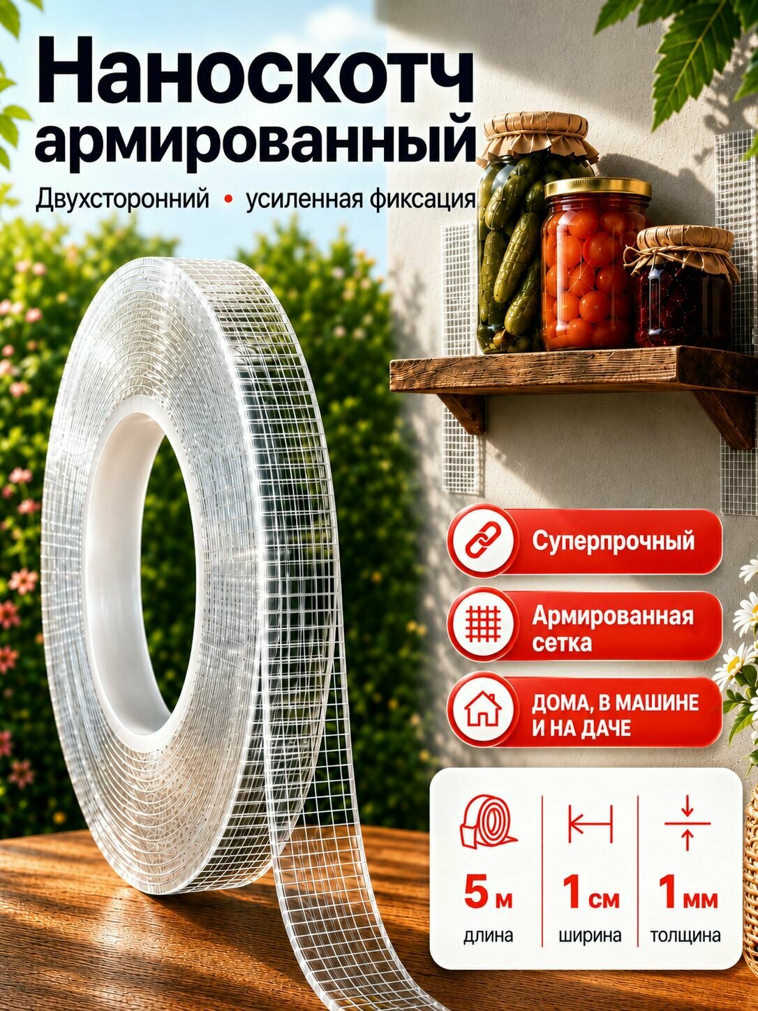 Скотч армированный прозрачный, двухсторонний крепкий нано скотч, 1мм-1см-5м