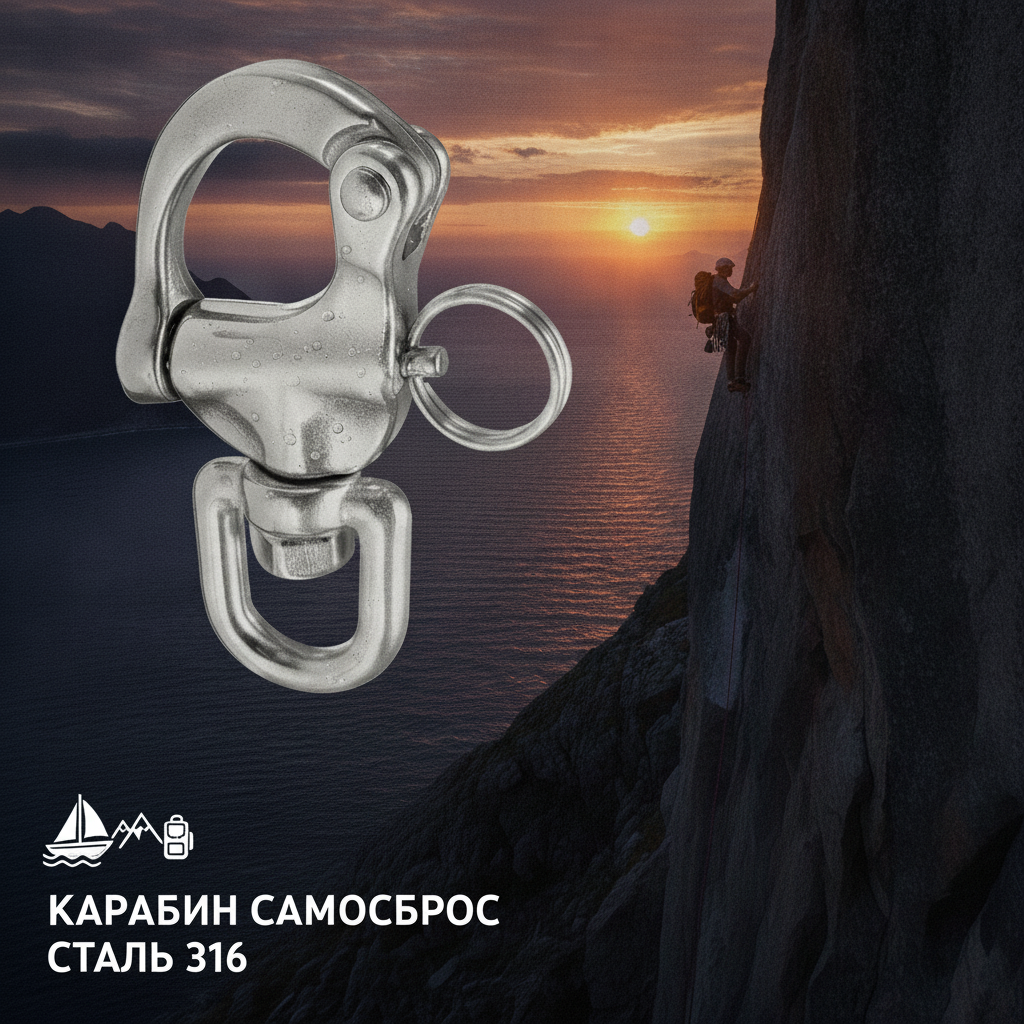 Яхтенный карабин-самосброс, нержавеющая сталь 316L 70мм