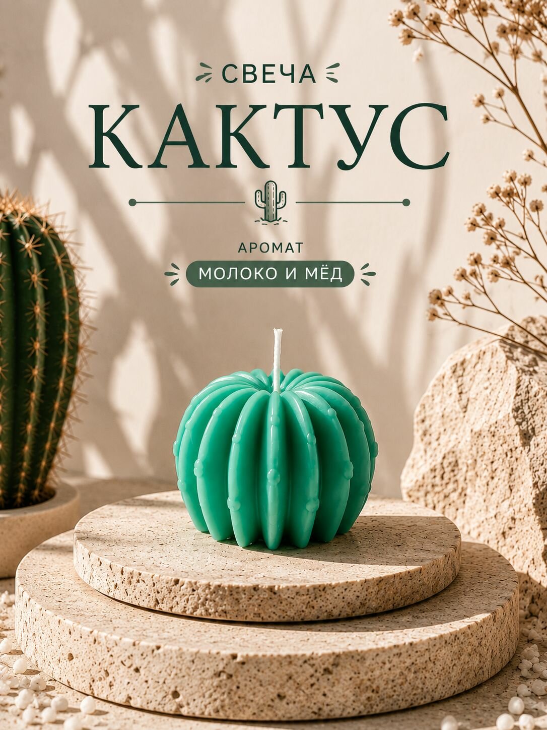 Ароматическая свеча интерьерная Кактус , зеленая, Молоко и мёд, 4х5,5 см, декоративная свеча