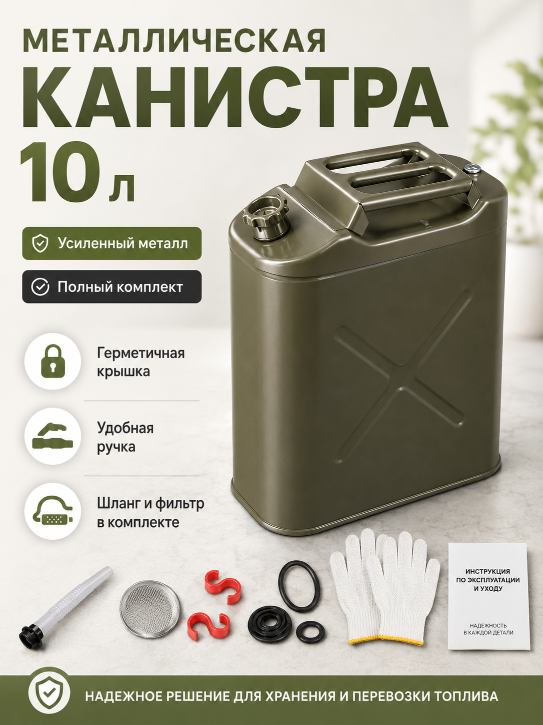 Металлическая канистра 10 л для топлива, усиленный корпус, зелёная, шланг, фильтр, уплотнители и перчатки в комплекте