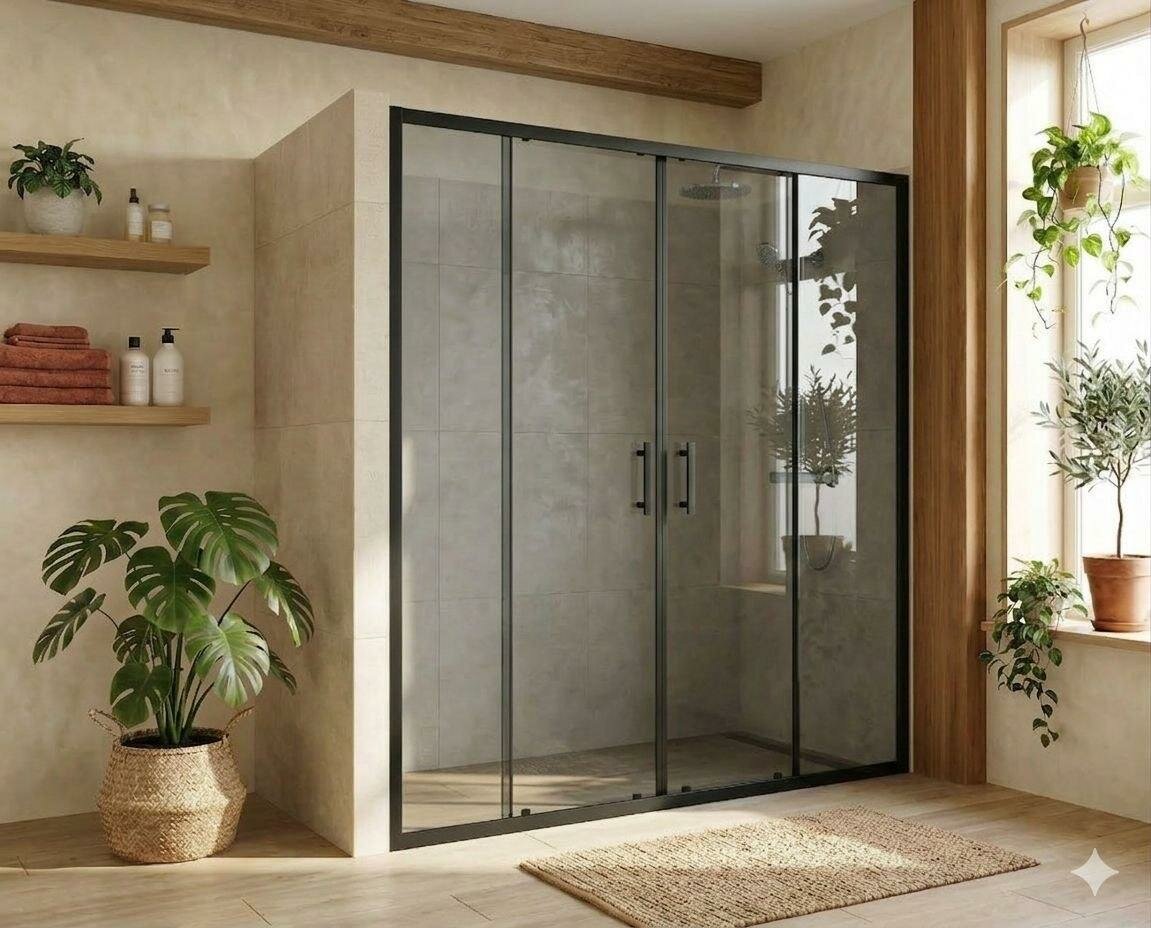 Душевая дверь Maybah Glass MGD-1837-6 2000x1950 двустворчатая раздвижная профиль Черный стекло графитовое