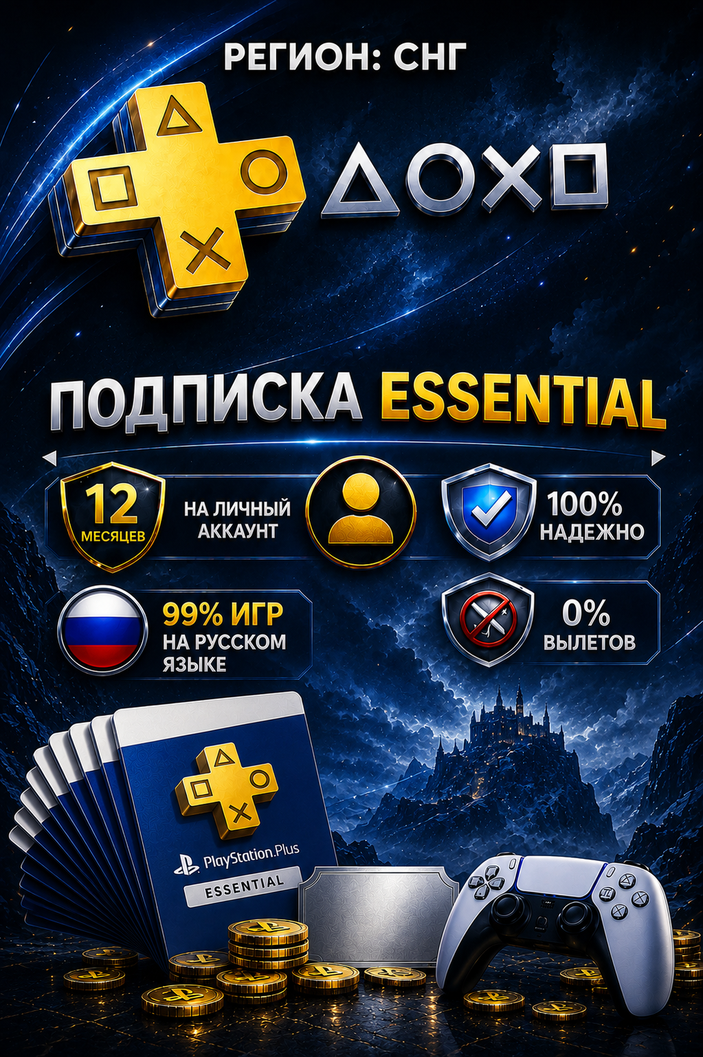 Подписка PS PLUS Essential для PlayStation, на 12 месяцев, СНГ, на личный профиль