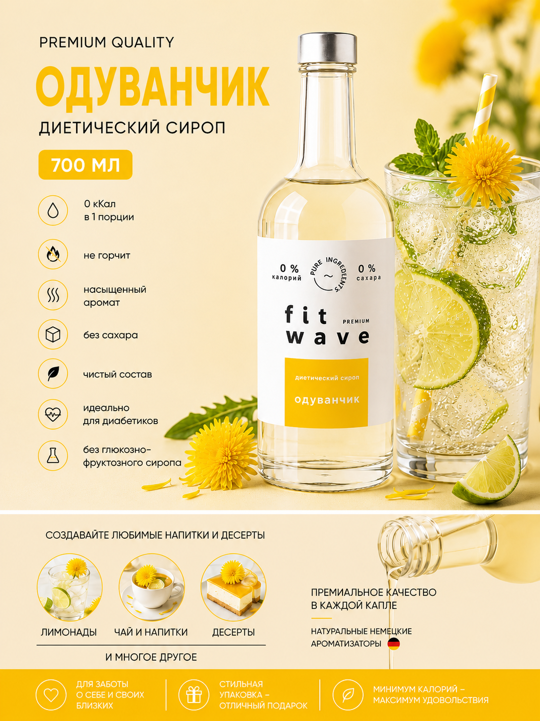 Сироп диетический без сахара низкокалорийный FitWave Одуванчик 700 мл. для кофе