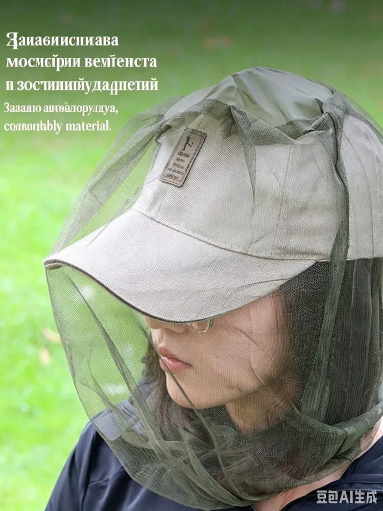 Накомарник на голову зелёный 1шт, москитная сетка на голову от комаров