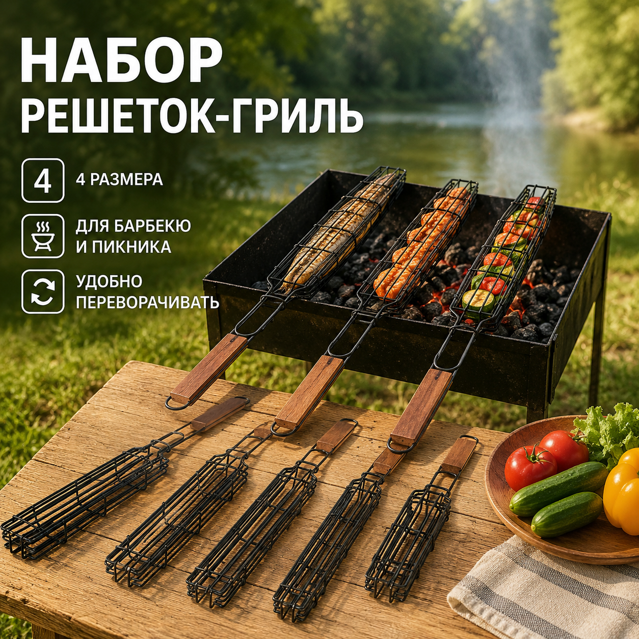Решетка-гриль, для овощей, антипригарное покрытие, деревянная ручка, сталь