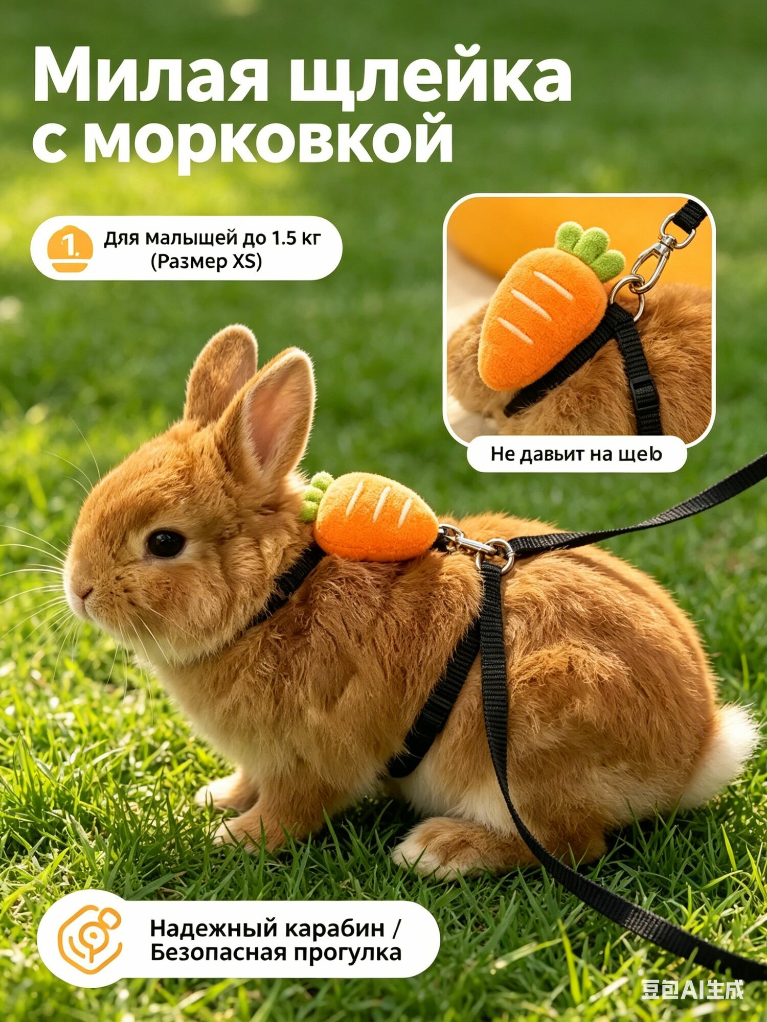 Шлейка для кролика и мелких животных, поводок с плюшевой морковкой-размер XS, регулируемая амуниция для безопасных прогулок морской свинки, хорька и котят весом до 1.5 кг